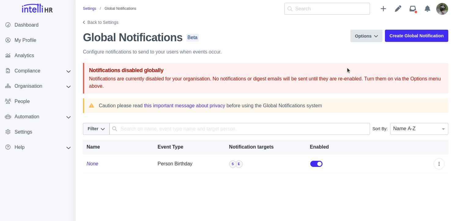 Event Notifications – intelliHR Support Portal