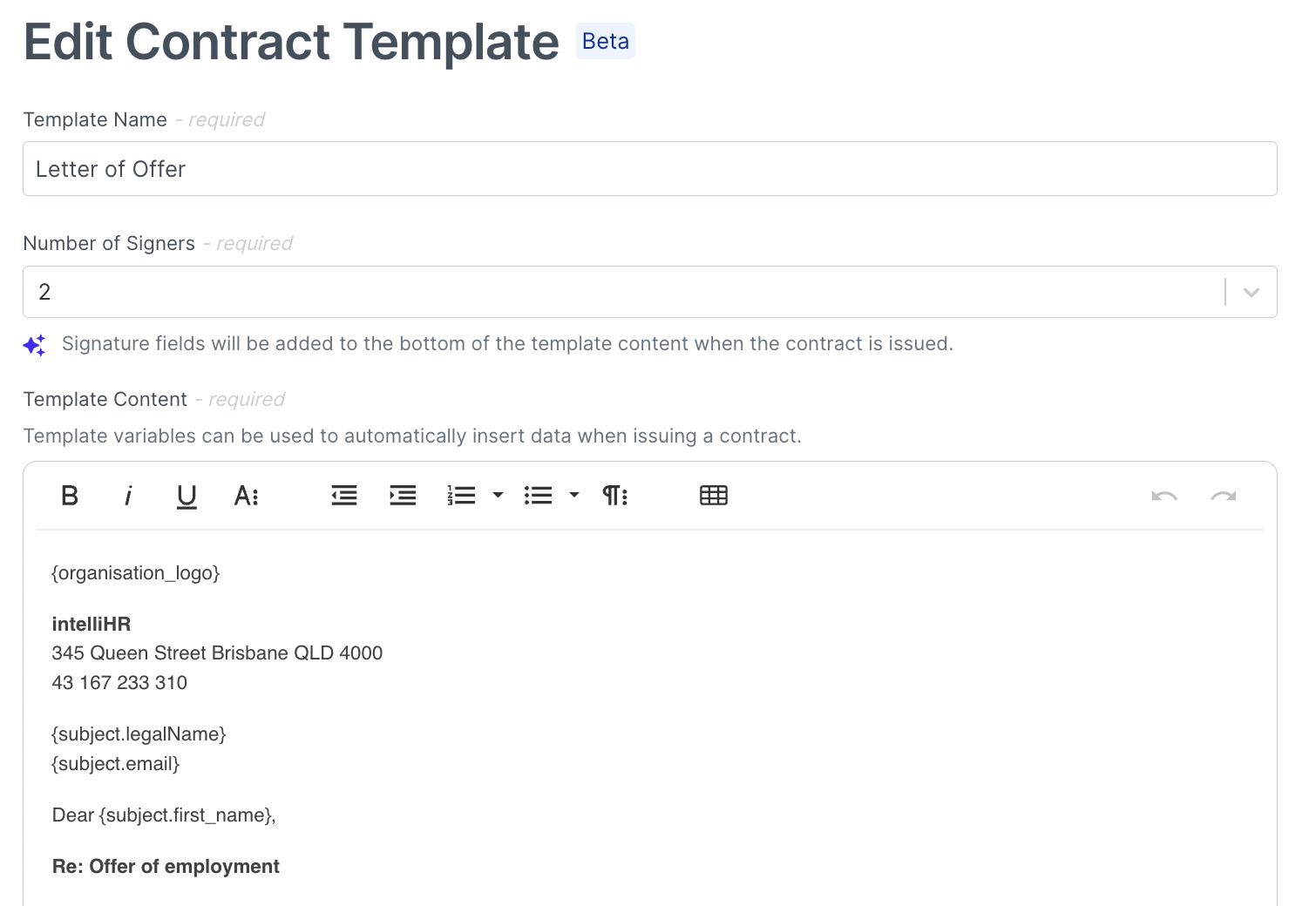 Creating and Editing Contract Templates – intelliHR Support Portal